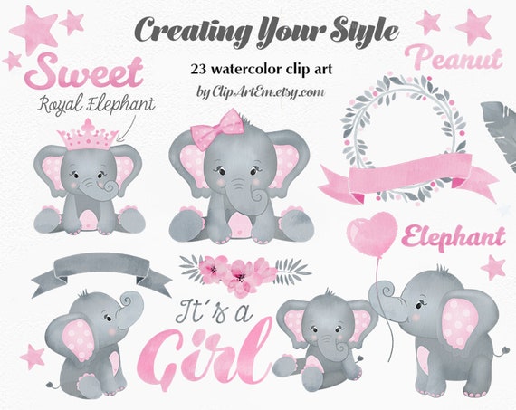 Baby Girl Pink Elephant Clipart Set Illustrations