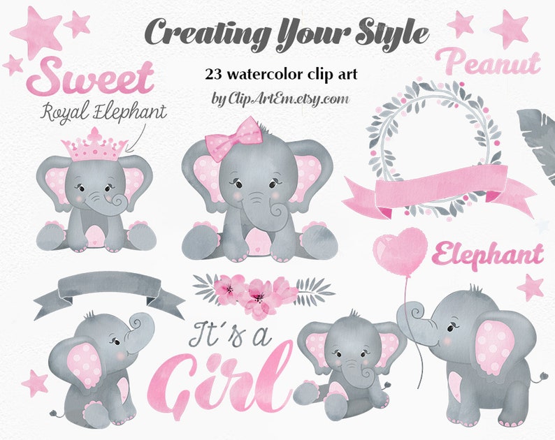 Baby Elephant Girl Clip Art, Cute Little Girl Peanut in Pink and Gray ...