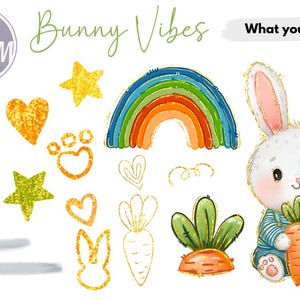 Cute Bunny Clip Art Doodle Water Color Rabbit With Accents of Gold Hand ...