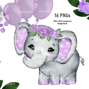 Purple Elephant Bundle 16 Clip Art, Watercolor Baby Girl Elephants With ...
