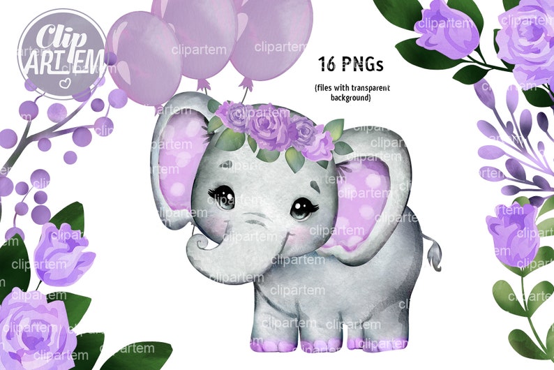 Purple Elephant Bundle 16 Clip Art, Watercolor Baby Girl Elephants With ...