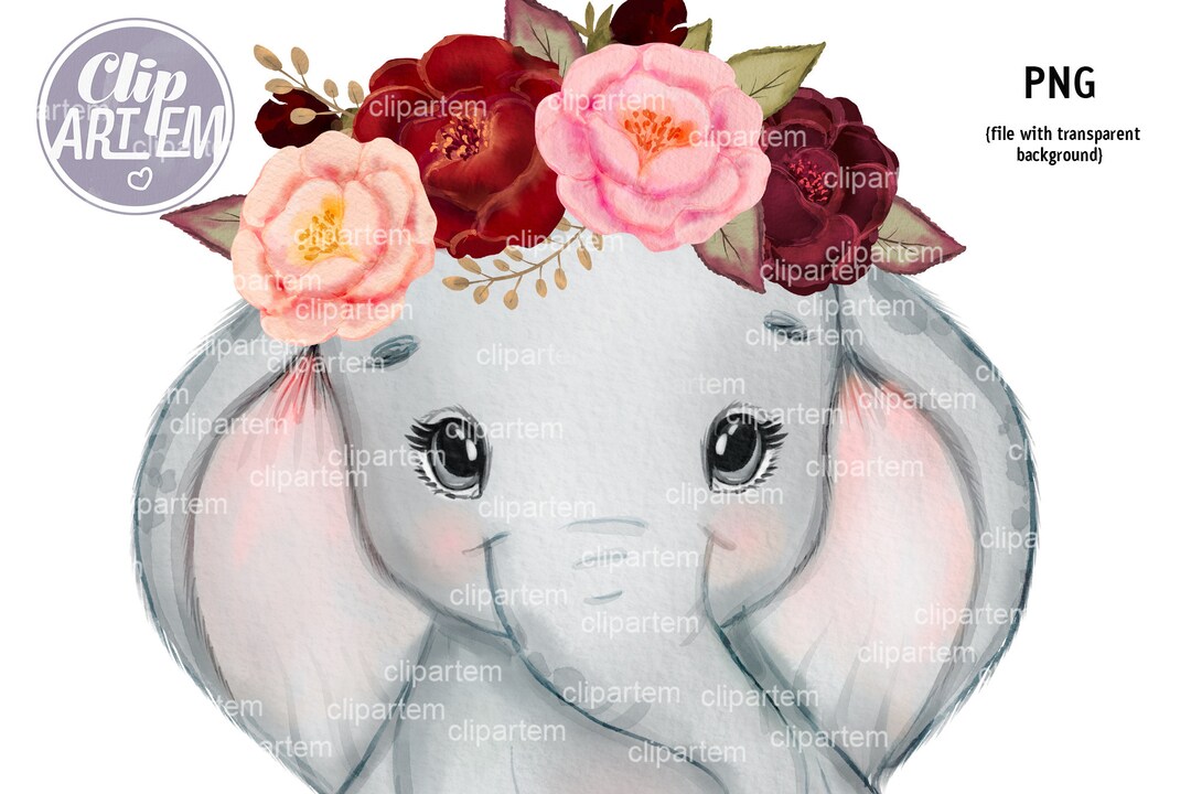 Rustic Pink Red Elephant With Floral Crown Watercolor Clip Art, Girl ...