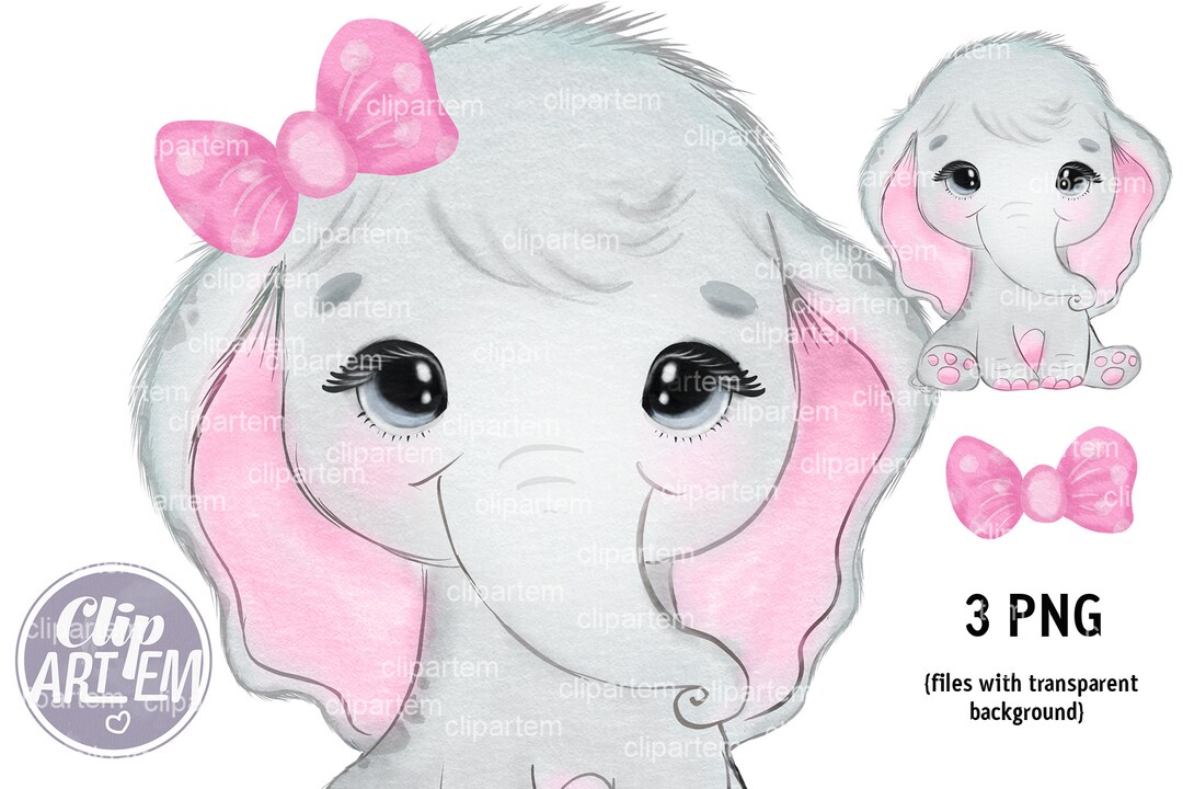 Cute Girl Elephant With Bow Pink Gray Watercolor Girl Baby Elephant ...