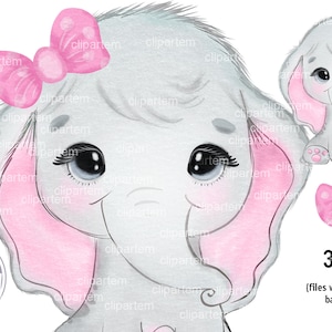 Cute Girl Elephant With Bow Pink Gray Watercolor Girl Baby Elephant ...