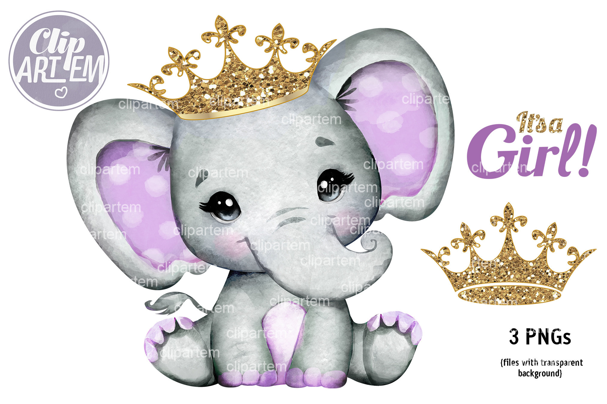 Purple Princess Elepehant With Gold Crown, Royal Baby Girl Shower ...