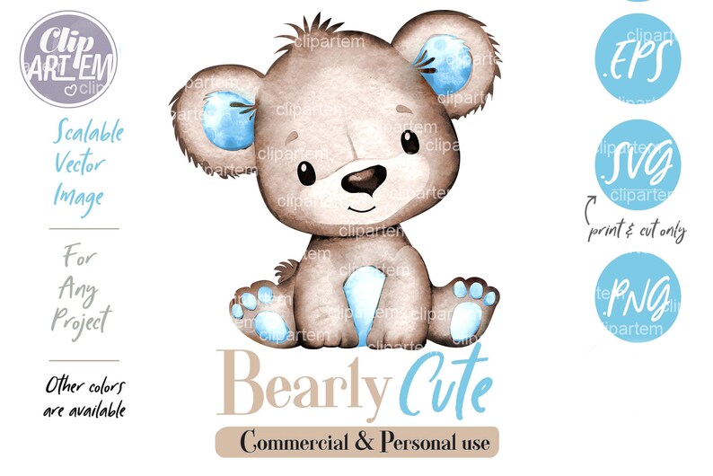 Watercolor Brown Blue Bear Clip Art With Baby Blue Polka Ears. | Etsy