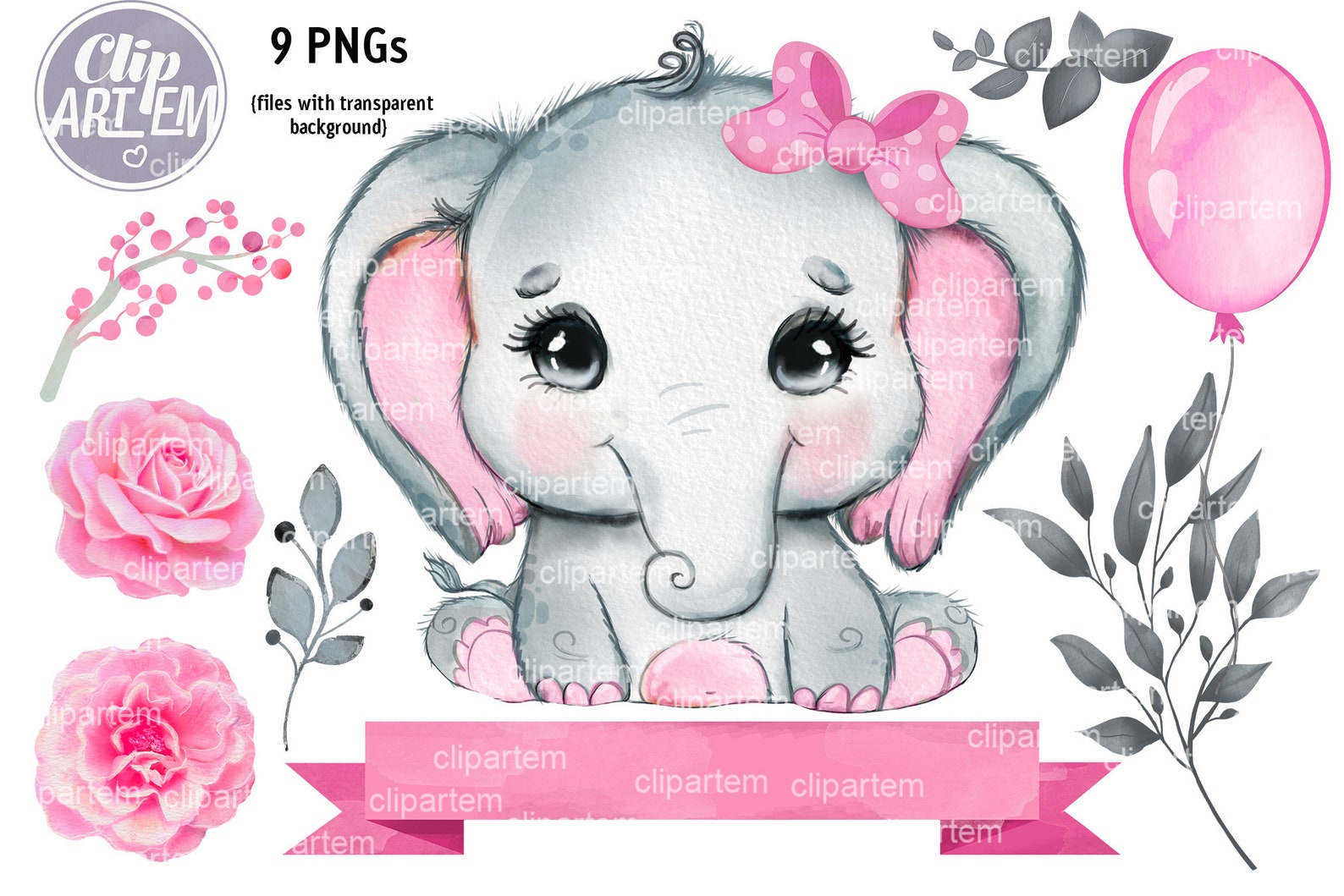 Pink Baby Elephant Clip Art Watercolor Very Cute Little | Etsy