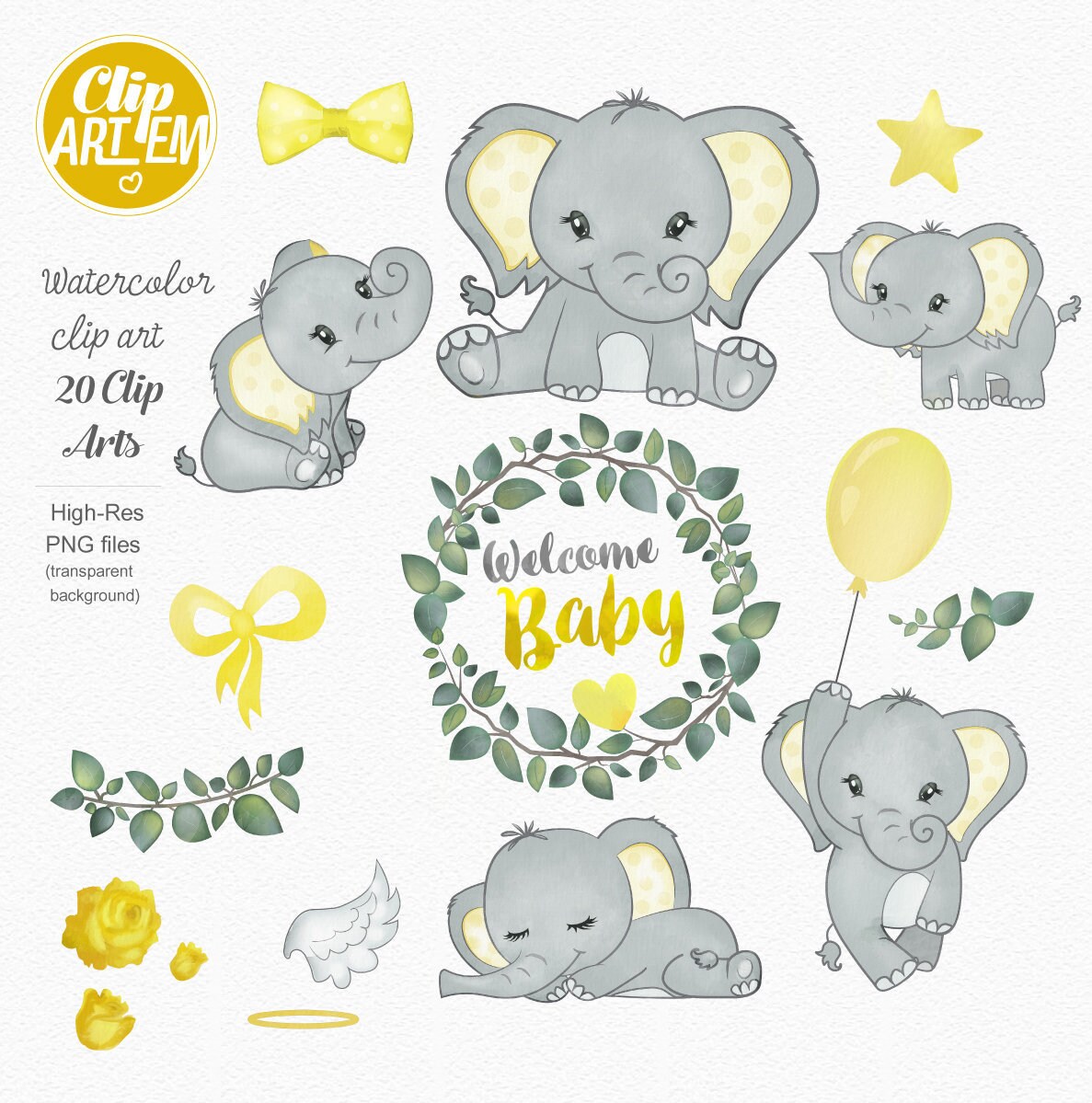 Baby Shower Elephant Clipart Yellow