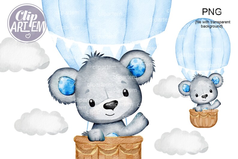 Boy Bear Blue Hot Air Balloon Clip Art With Baby Blue Polka Ears. Hand ...