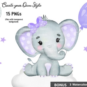 Purple Elephant Greenery Watercolor Clip Art PNG Bundle, Watercolor ...