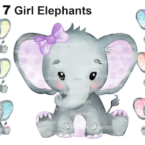 7 Girl Elephants With Bows Clip Art. Bundle of Colorful Girl Baby ...