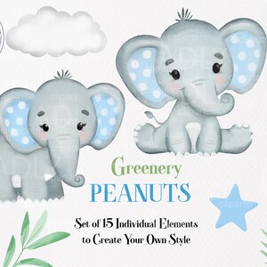 Boy Elephant Clip Art, Cute Little Watercolor Blue Elephants With Light ...