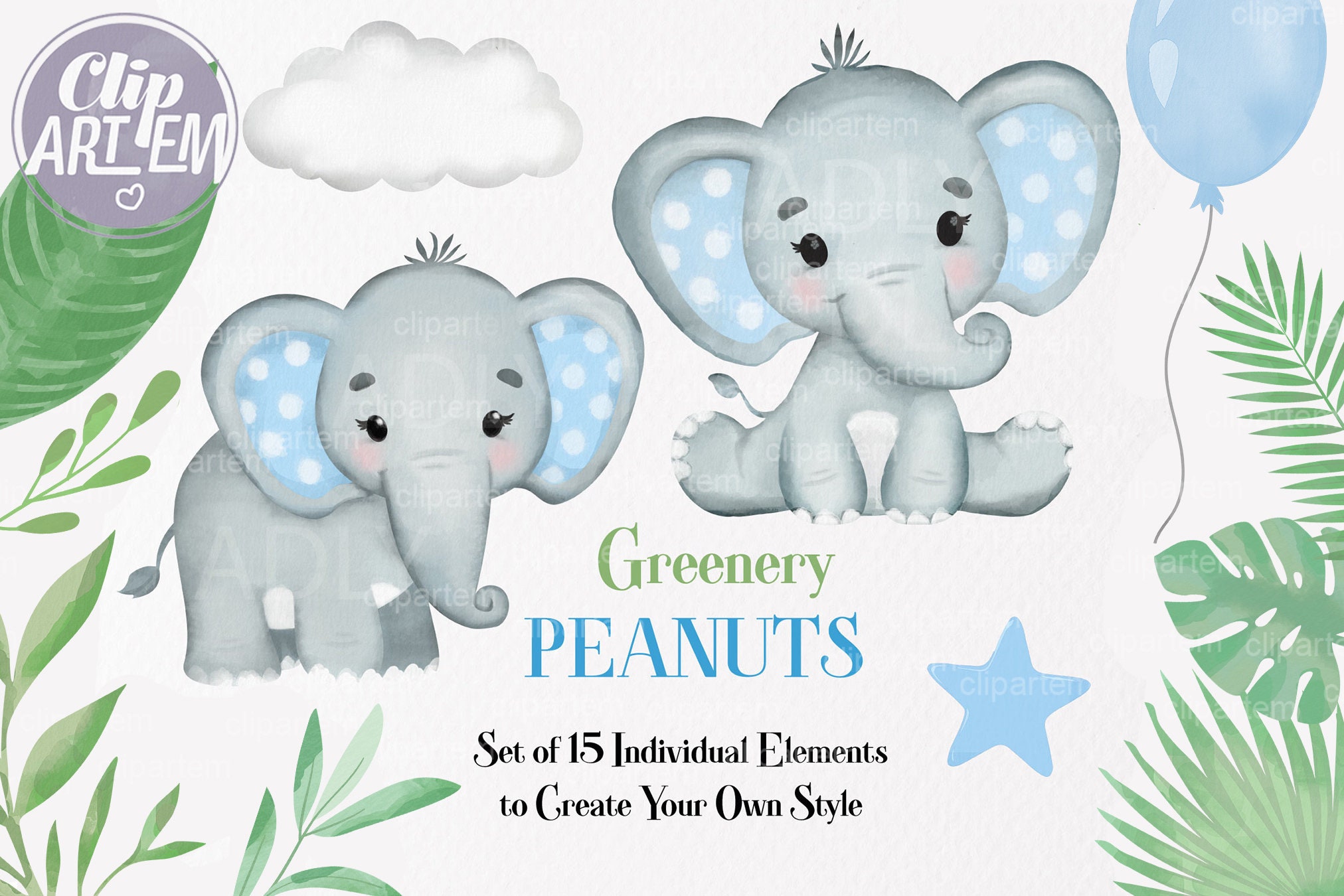 Boy Elephant Clip Art Cute Little Watercolor Blue Elephants | Etsy