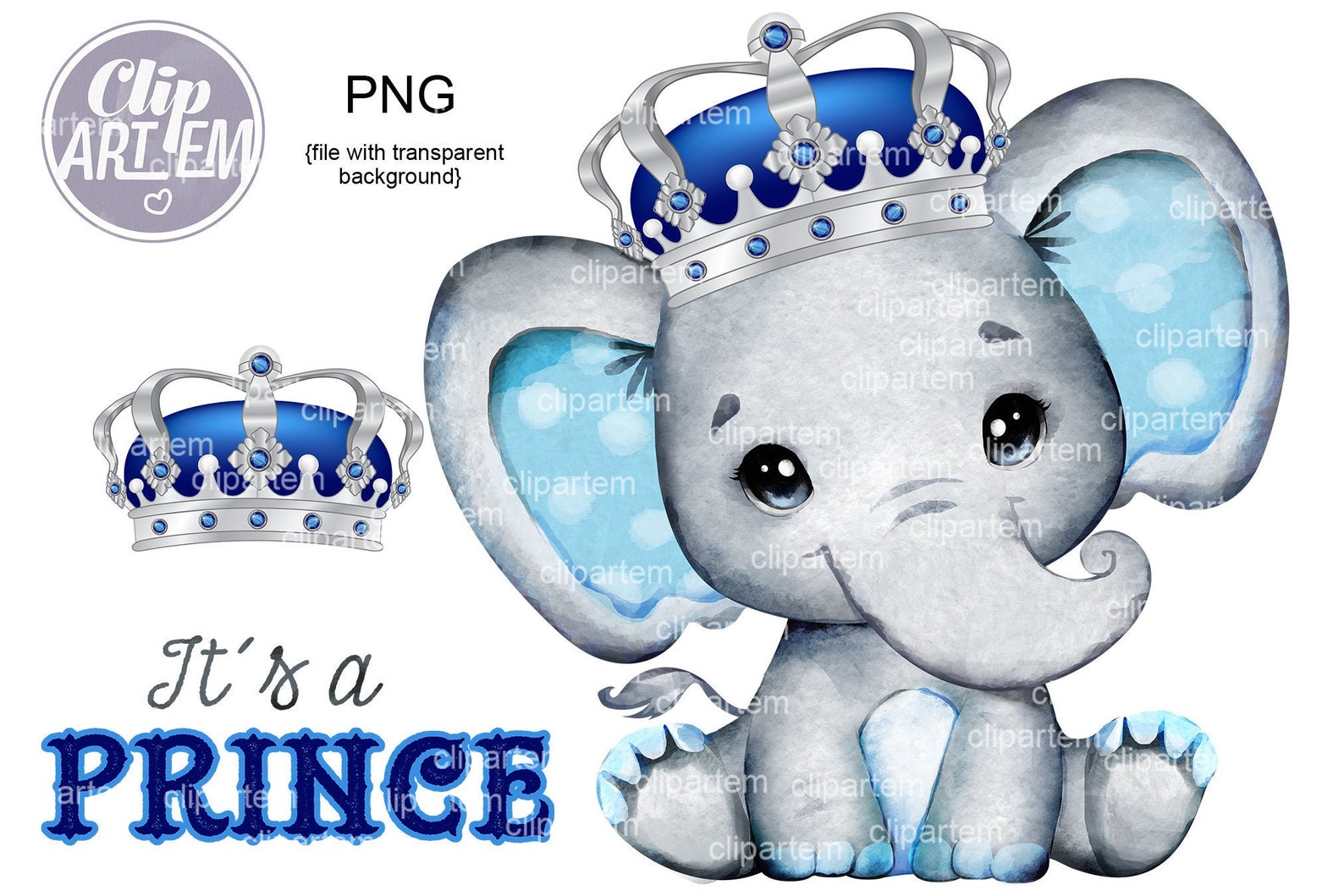 Royal Elephant Blue Silver Crown Watercolor Clip Art PNG. Sublimation ...