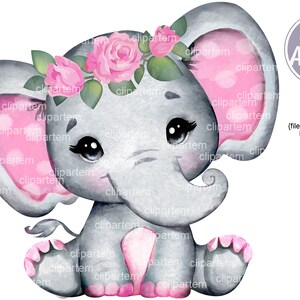 Watercolor Girl Elephant Clip Art, Floral Little Peanut,pink Roses ...