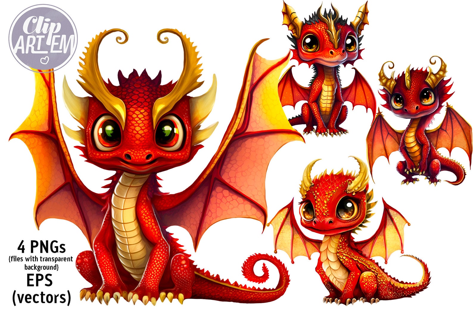 Red Dragon Clip Art, Set of 4 Cute Red Dragons Images for Nursery ...