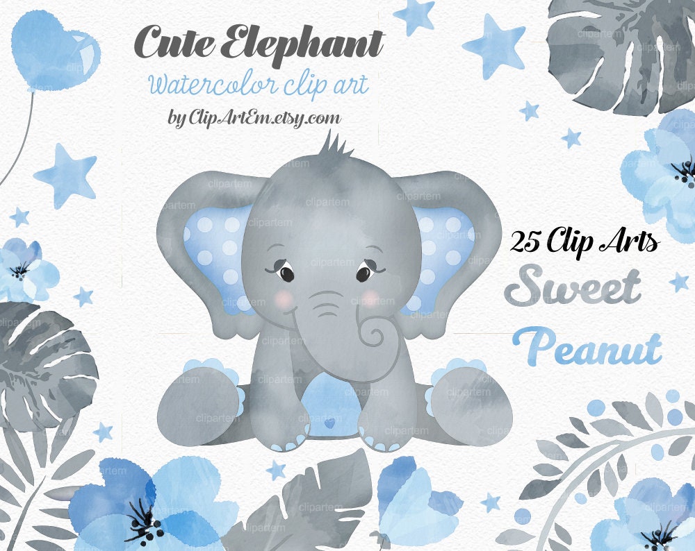 Elephant Boy Clip Art, Watercolor. Watercolor Baby Peanut Clipart, Blue ...