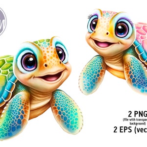 Boy and Girl Turtle Clip Art and Vector, Digital Ocean Turtle Painting ...