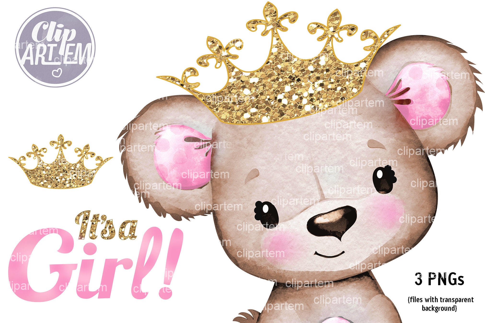 Princess Baby Bear With Pink Ears Tummy and Gold Crown. Royal Baby Bear ...