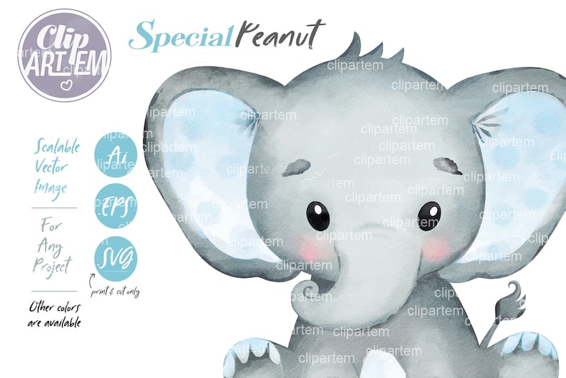 Boy Elephant Vector, Watercolor Elephant Clip Art, Scalable Watercolor ...
