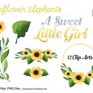 Sunflower Elephant Watercolor Clip Art Set for Creative Projects, Decor ...