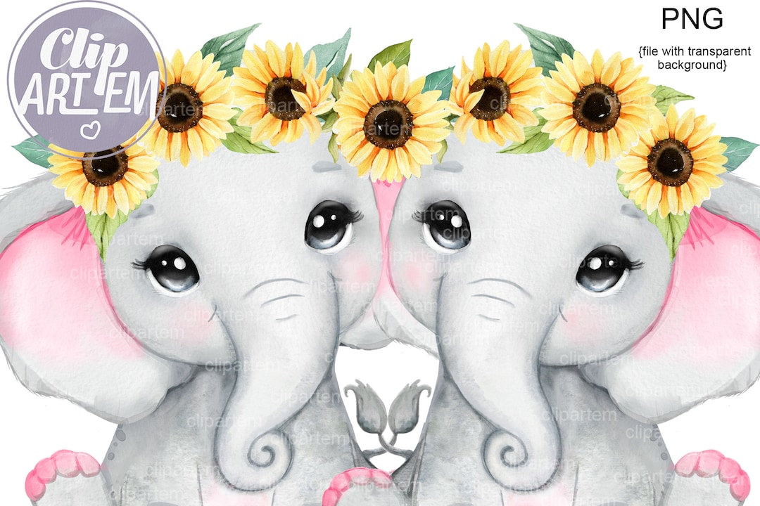 Twin Elephants Sunflower, Pink Yellow Two Baby Girl Elephant for a Twin ...