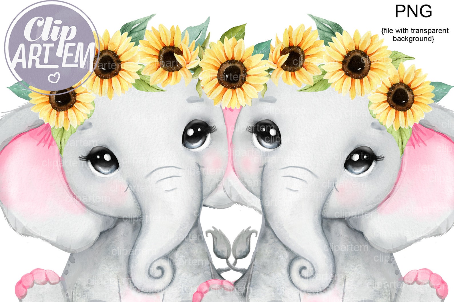 Twin Elephants Sunflower, Pink Yellow Two Baby Girl Elephant for a Twin ...