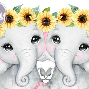 Twin Elephants Sunflower, Pink Yellow Two Baby Girl Elephant for a Twin ...