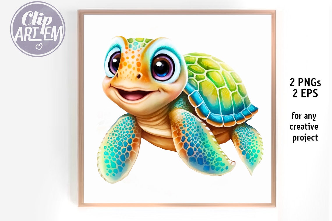 Boy and Girl Turtle Clip Art and Vector, Digital Ocean Turtle Painting ...