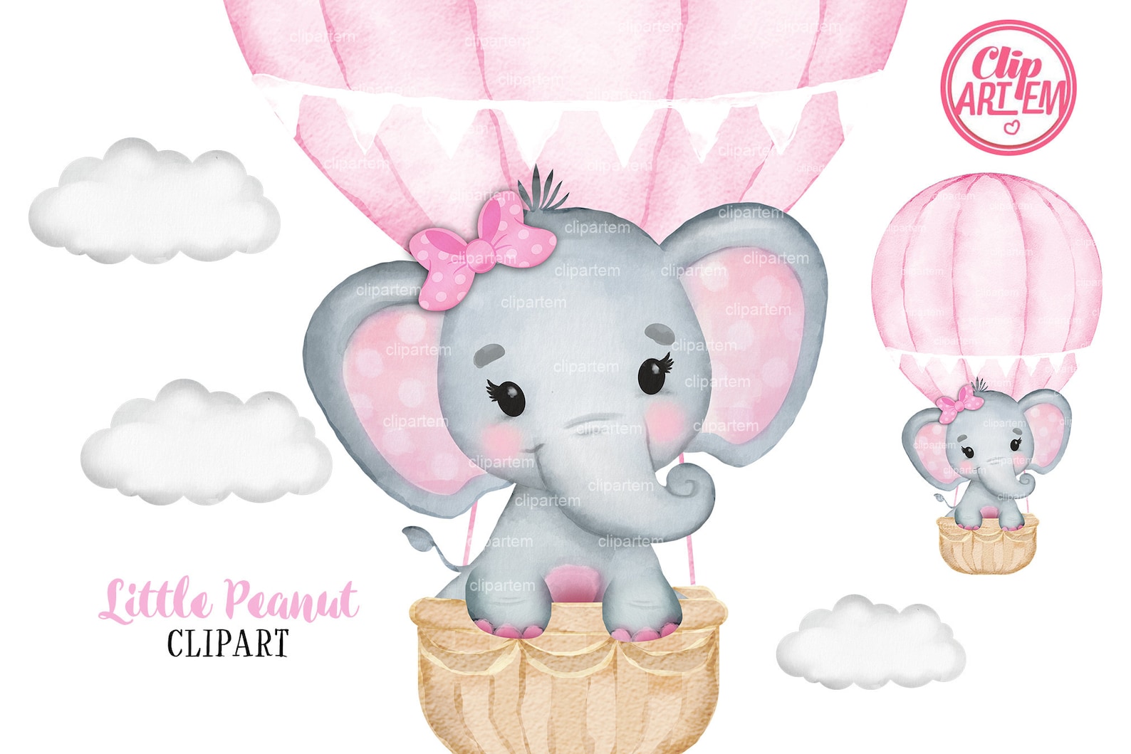 Clip art de globo aerostático con elefante rosa, sublimación, baby ...