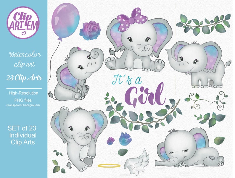 Purple Turquoise Elephant Clip Art, Watercolor. Watercolor Baby ...