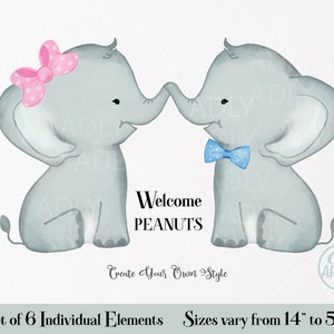 Cute Elephants Clip Art, Twins Doubles, Watercolor Baby Elephants, Boy ...