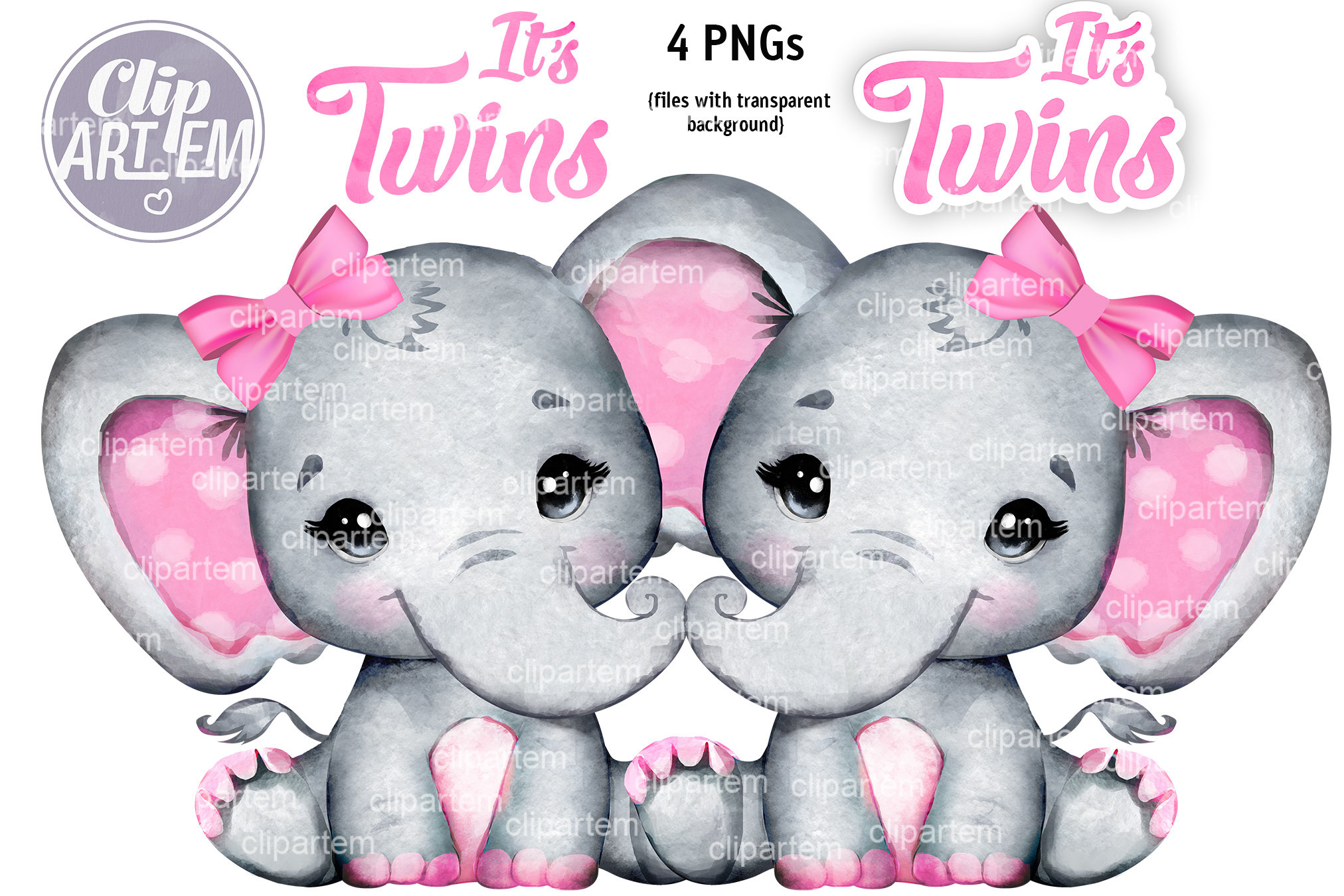 Twins Elephant Girls With Pink Bows, It's Twins Cute Watercolor Baby ...