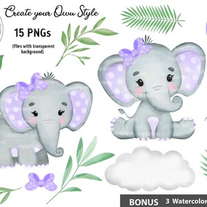 Purple Elephant Greenery Watercolor Clip Art PNG Bundle, Watercolor ...