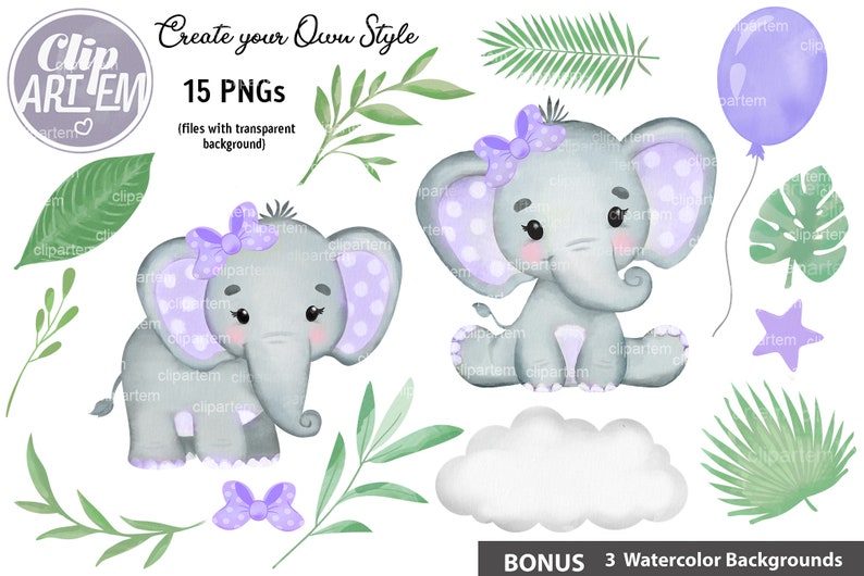 Purple Elephant Greenery Watercolor Clip Art PNG Bundle, Watercolor ...