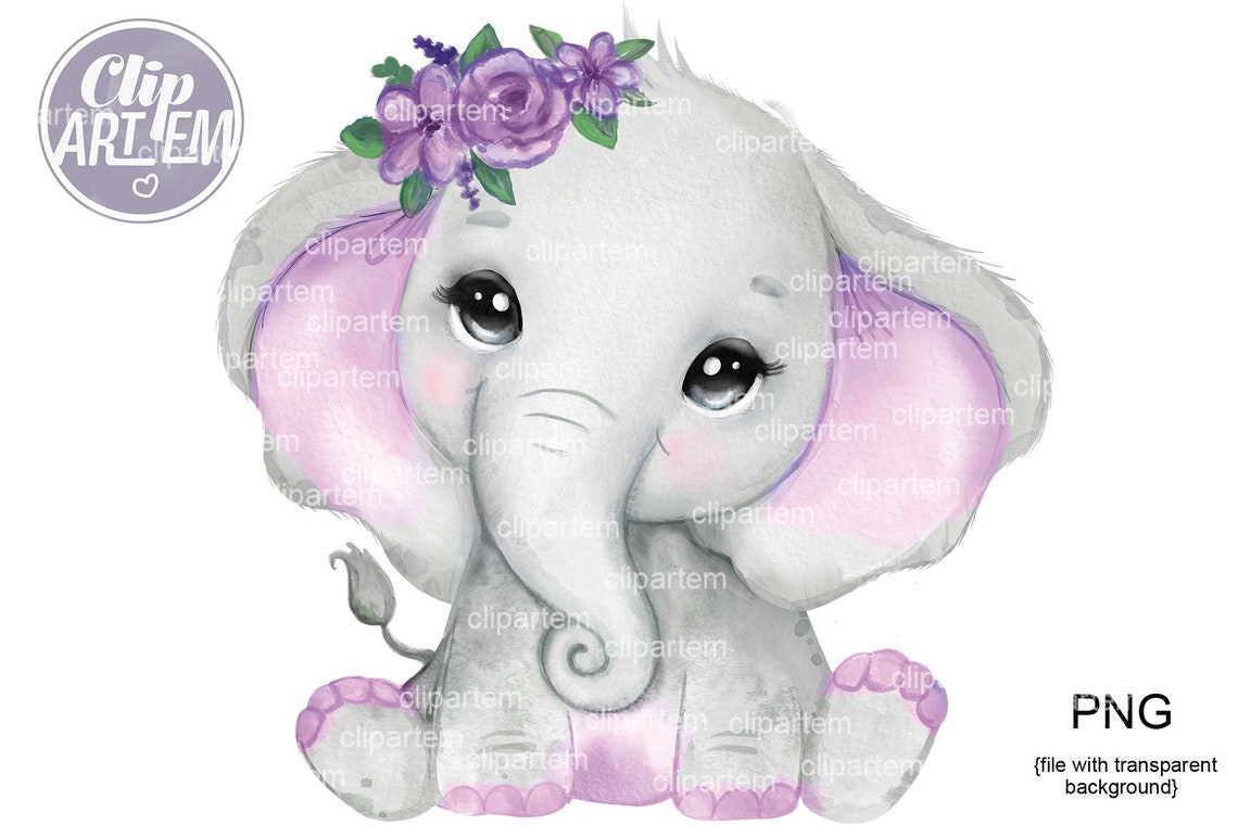 Purple Elephant Watercolor Clip Art, Lavender Elephant Birthday, Baby ...