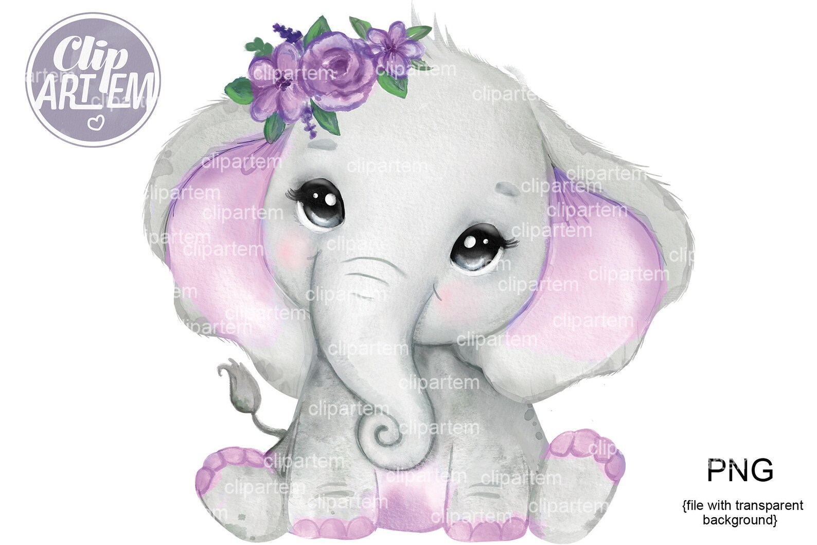 Purple Elephant Watercolor Clip Art, Lavender Elephant Birthday, Baby ...