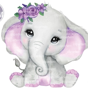 Purple Elephant Watercolor Clip Art, Lavender Elephant Birthday, Baby ...