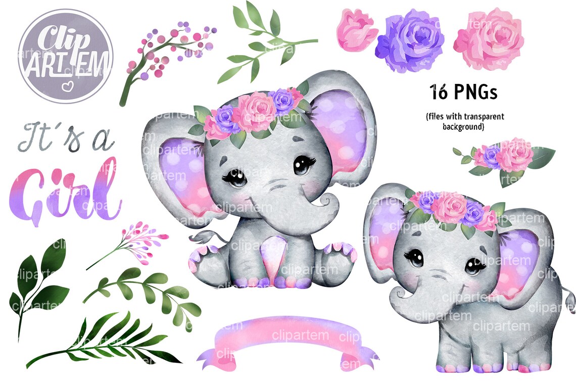Pink Purple Elephant Girl Baby Clip Art Set of 16 PNG - Etsy