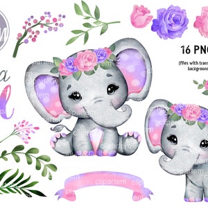 Pink Purple Elephant Girl Baby Clip Art, Set of 16 PNG Illustration ...
