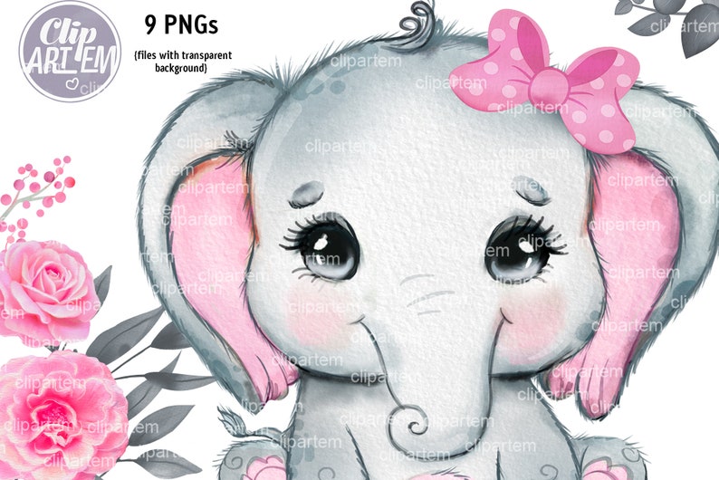 Pink Baby Elephant Clip Art Watercolor Very Cute Little | Etsy