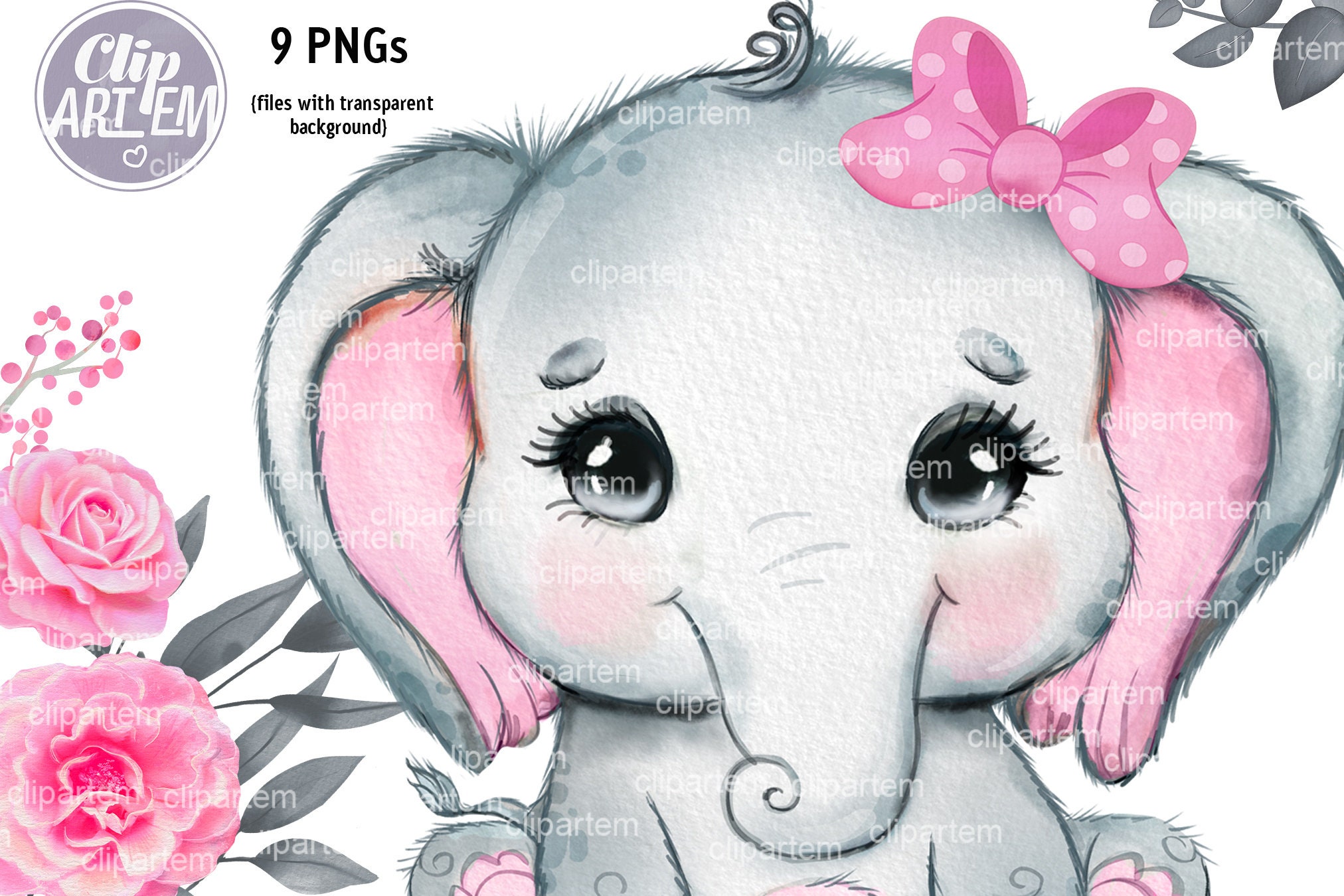Pink Baby Elephant Clip Art Watercolor Very Cute Little | Etsy