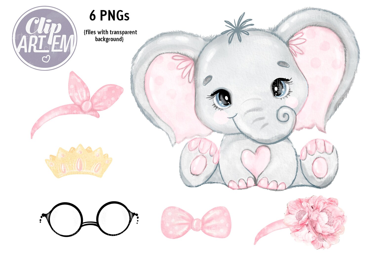 Blush Pink Elephant Watercolor, Pink Bow Princess Baby Elephant ...