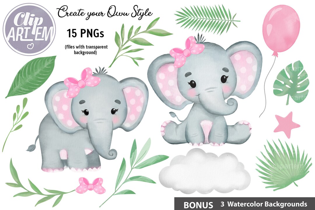 Girl Elephant Clip Art, Cute Little Watercolor Pink Elephants With ...
