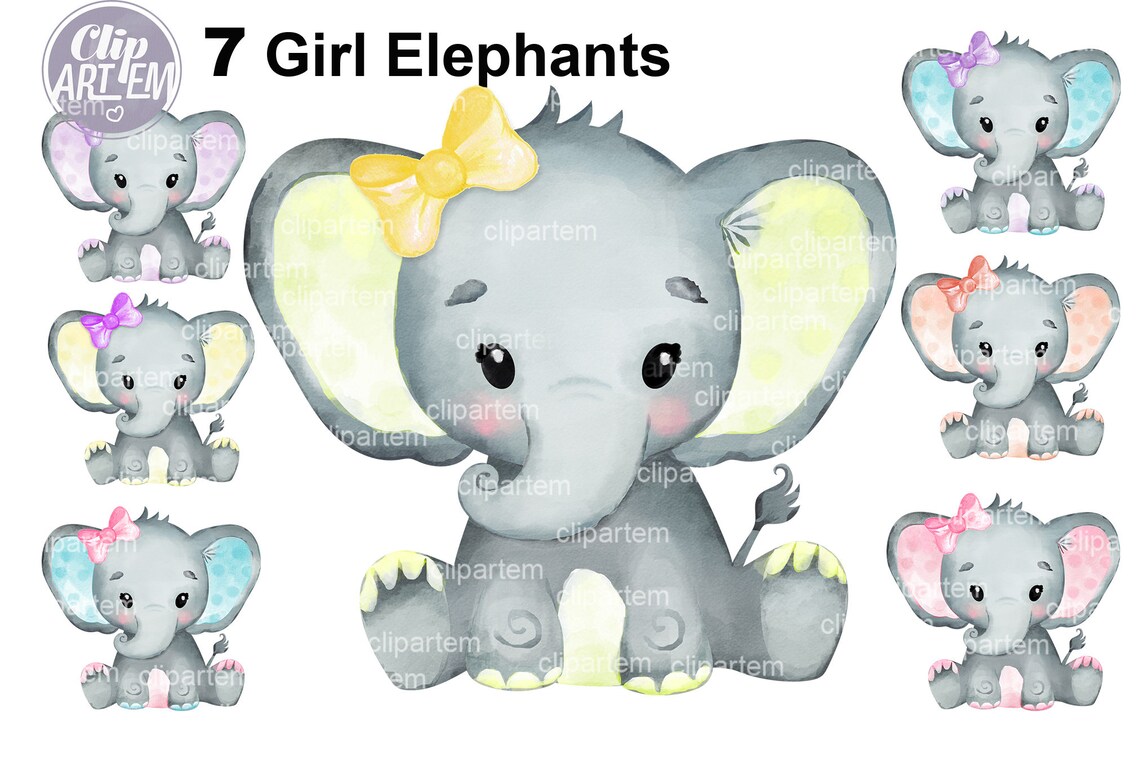 7 Girl Elephants With Bows Clip Art. Bundle of Colorful Girl Baby ...