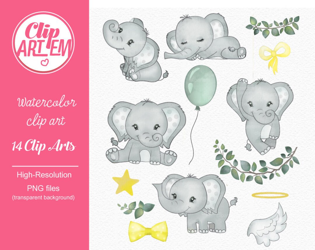 Elephant Clip Art, Watercolor. Watercolor Baby Elephant Clipart, Gray ...