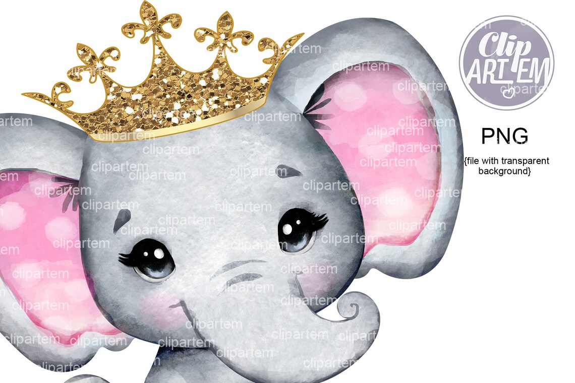 Girl Elephant With Crown, Pink Royal Elephant Watercolor Clip Art for ...