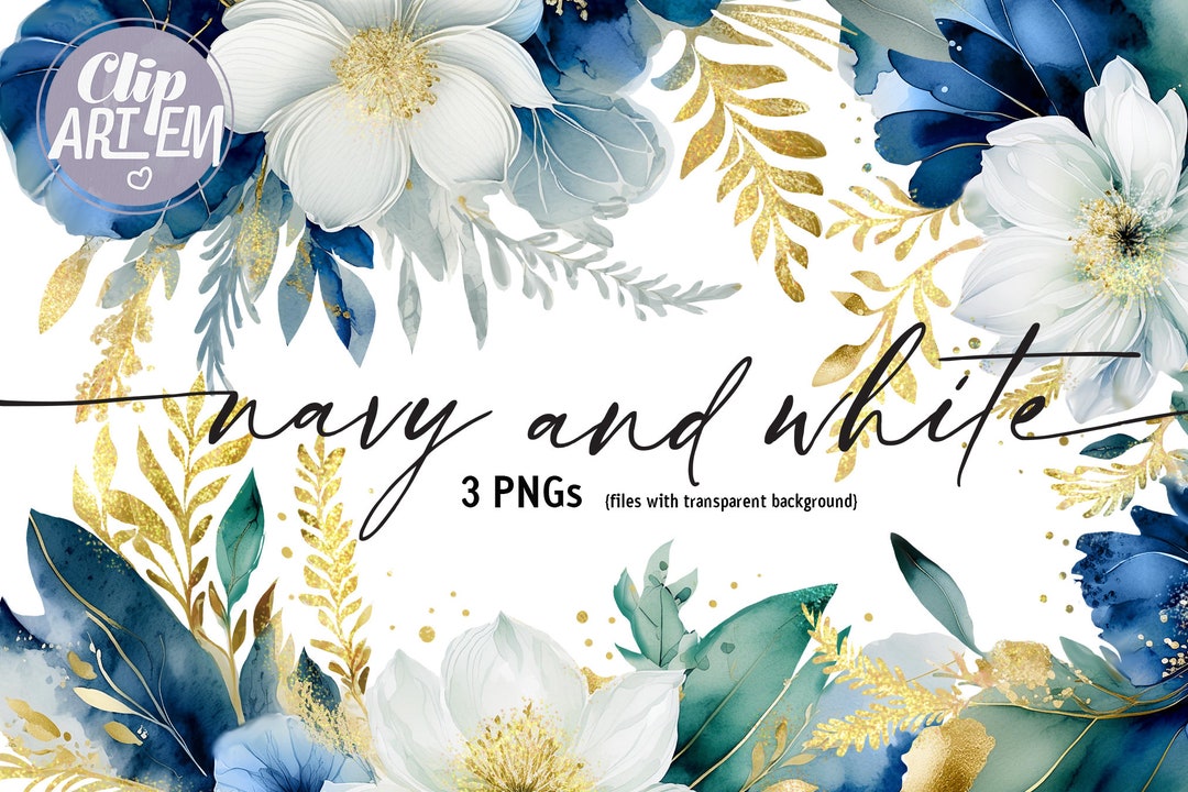 Navy and White Flowers Clip Art With Accents of Gold, Floral Wedding ...