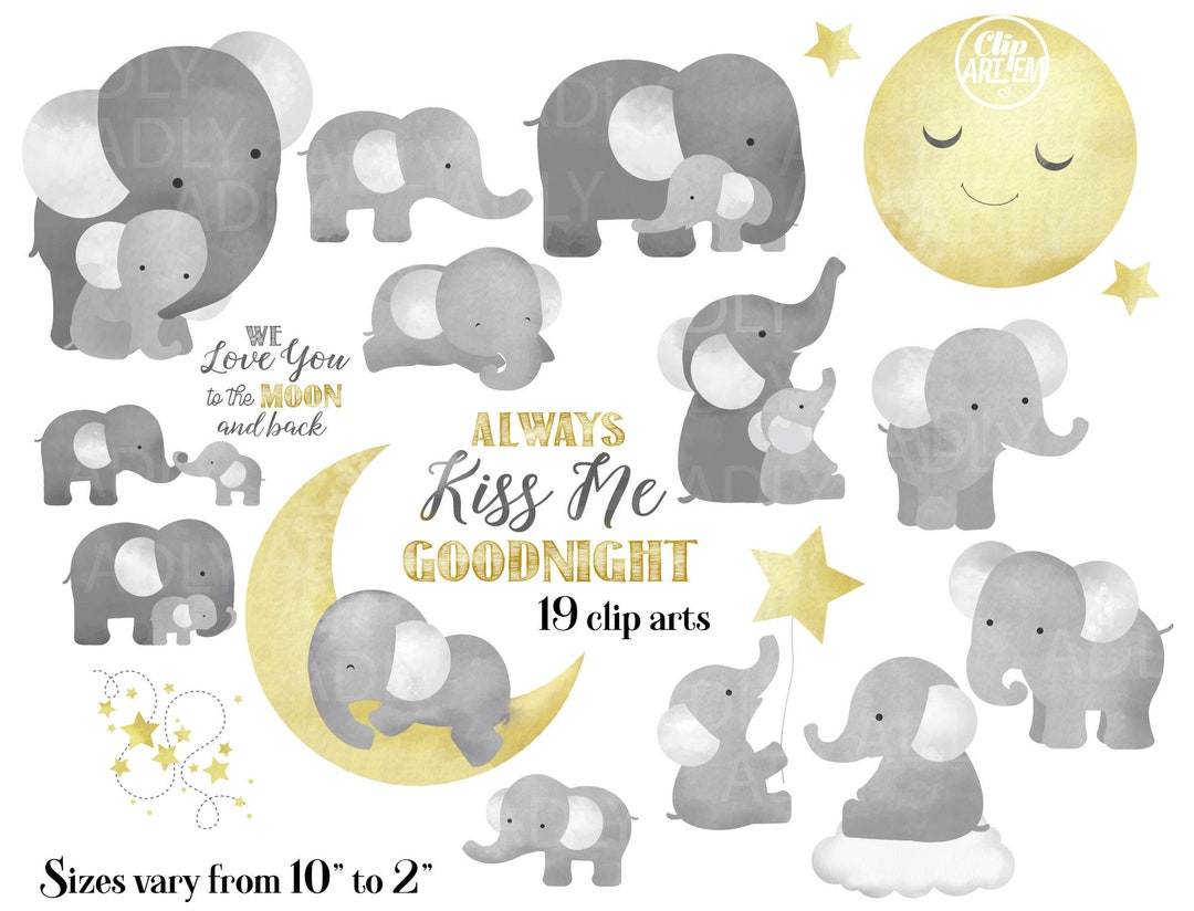 Elephant Kiss Me Goodnight Clip Art, Gray Little Mommy and Baby ...