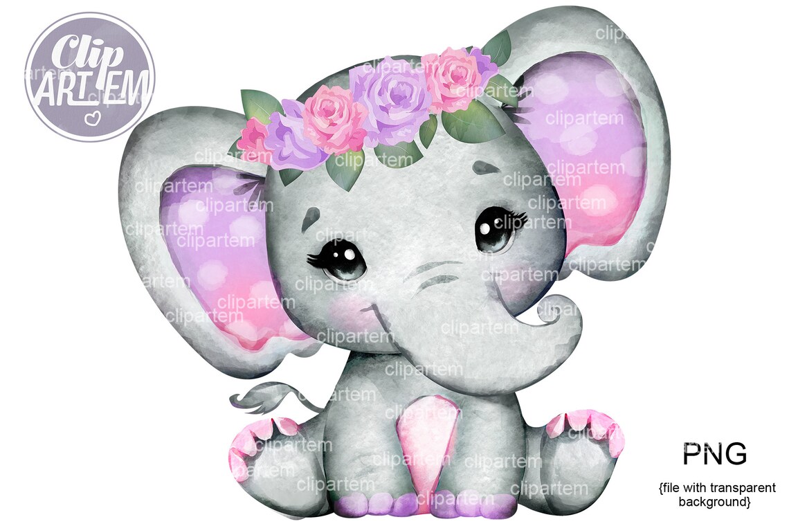 Purple Pink Elephant Clip Art Watercolor Cute Little | Etsy